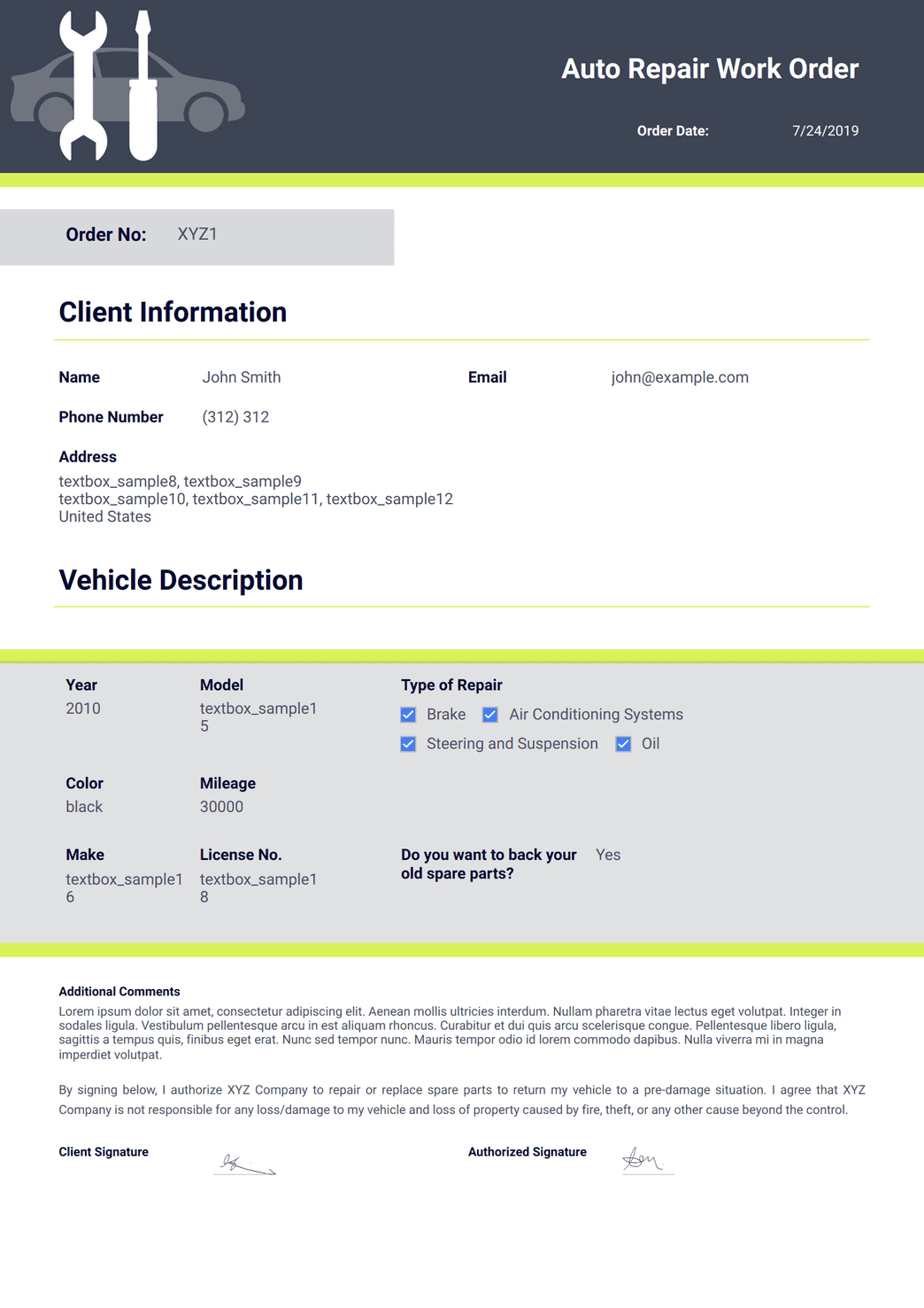 Auto Repair Work Order PDF Template | Jotform