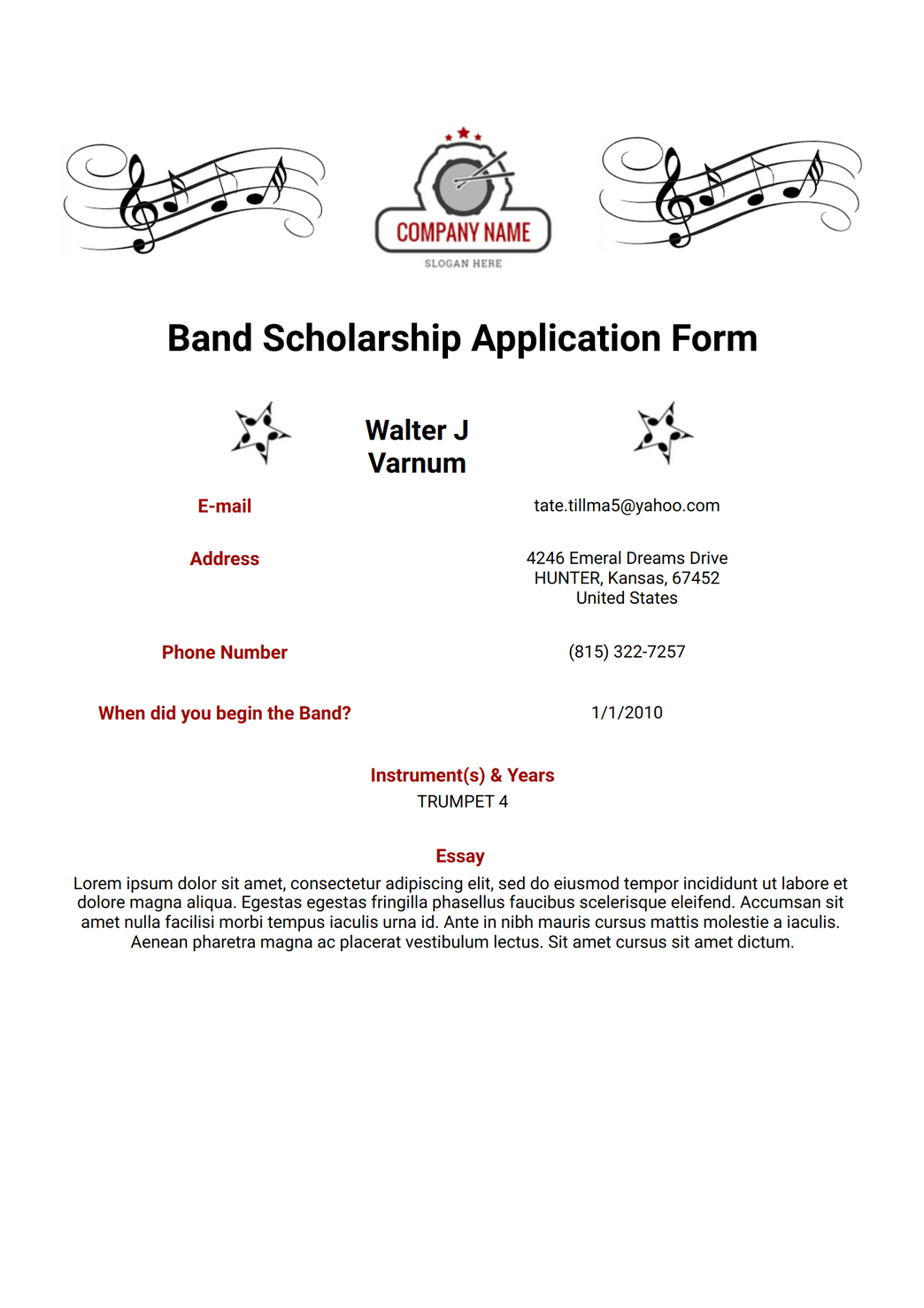 Band Scholarship Application Template - PDF Templates | Jotform