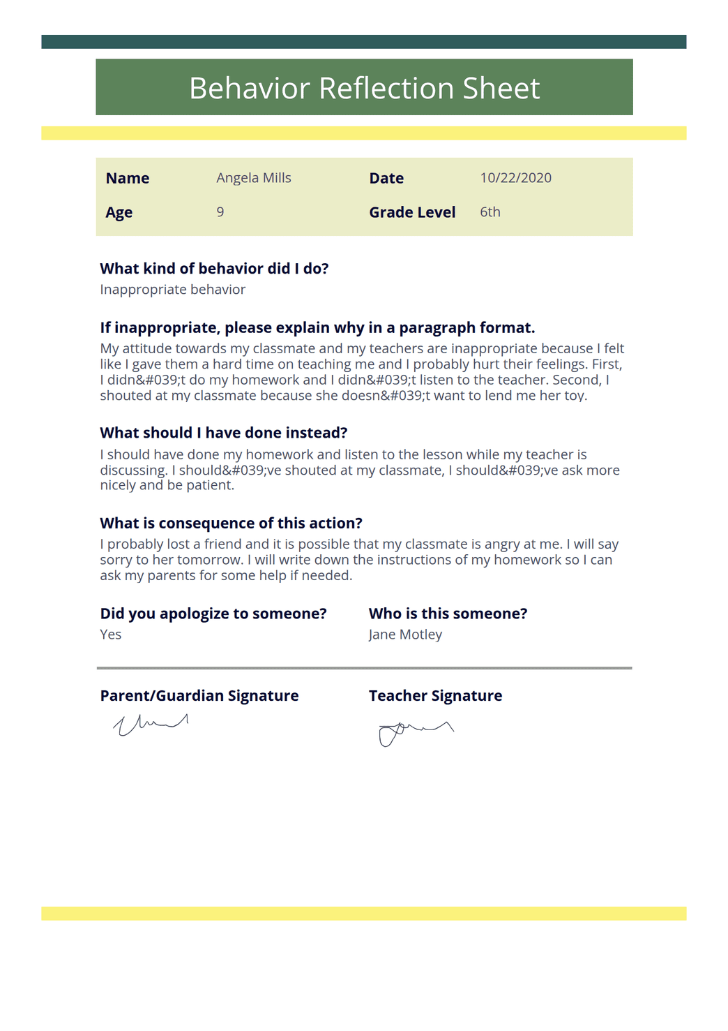 Behavior Reflection Sheet PDF Template | Jotform