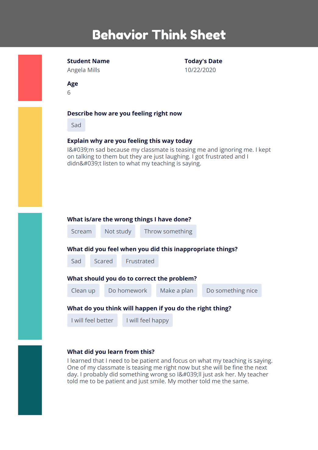 Behavior Think Sheet for Elementary Students - PDF Templates | Jotform