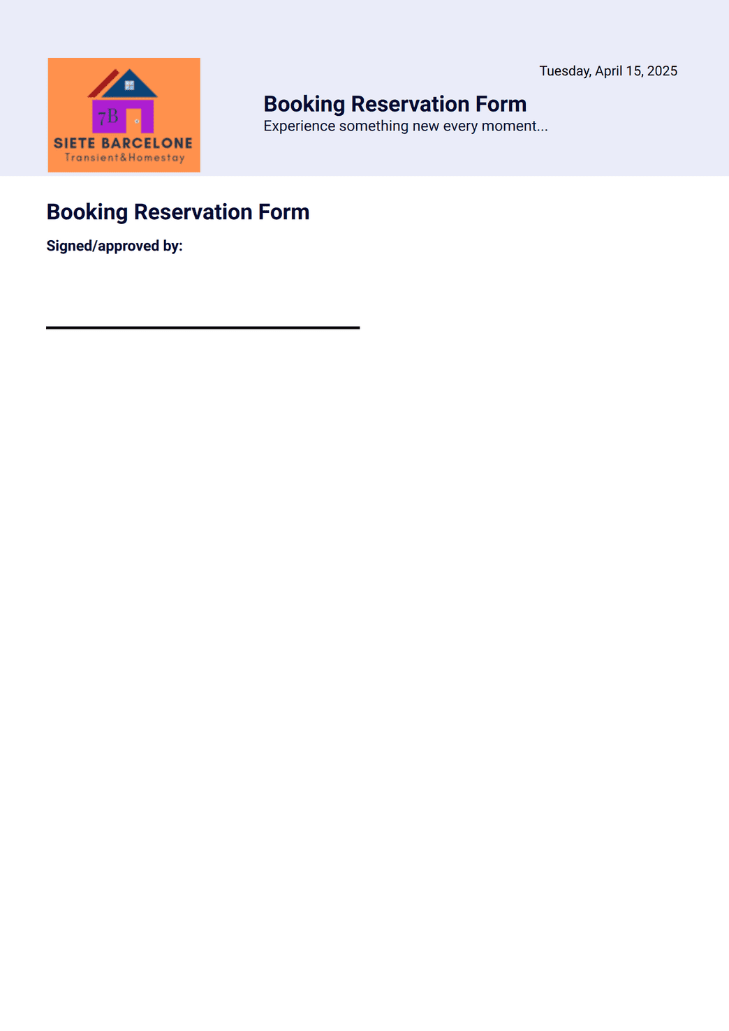 Booking Reservation Form PDF Template | Jotform