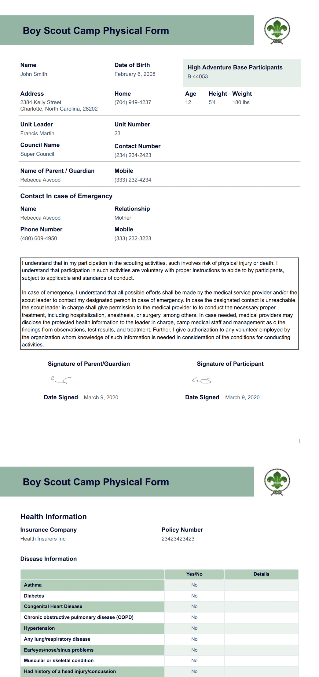 Boy Scout Camp Physical Form PDF Template | Jotform