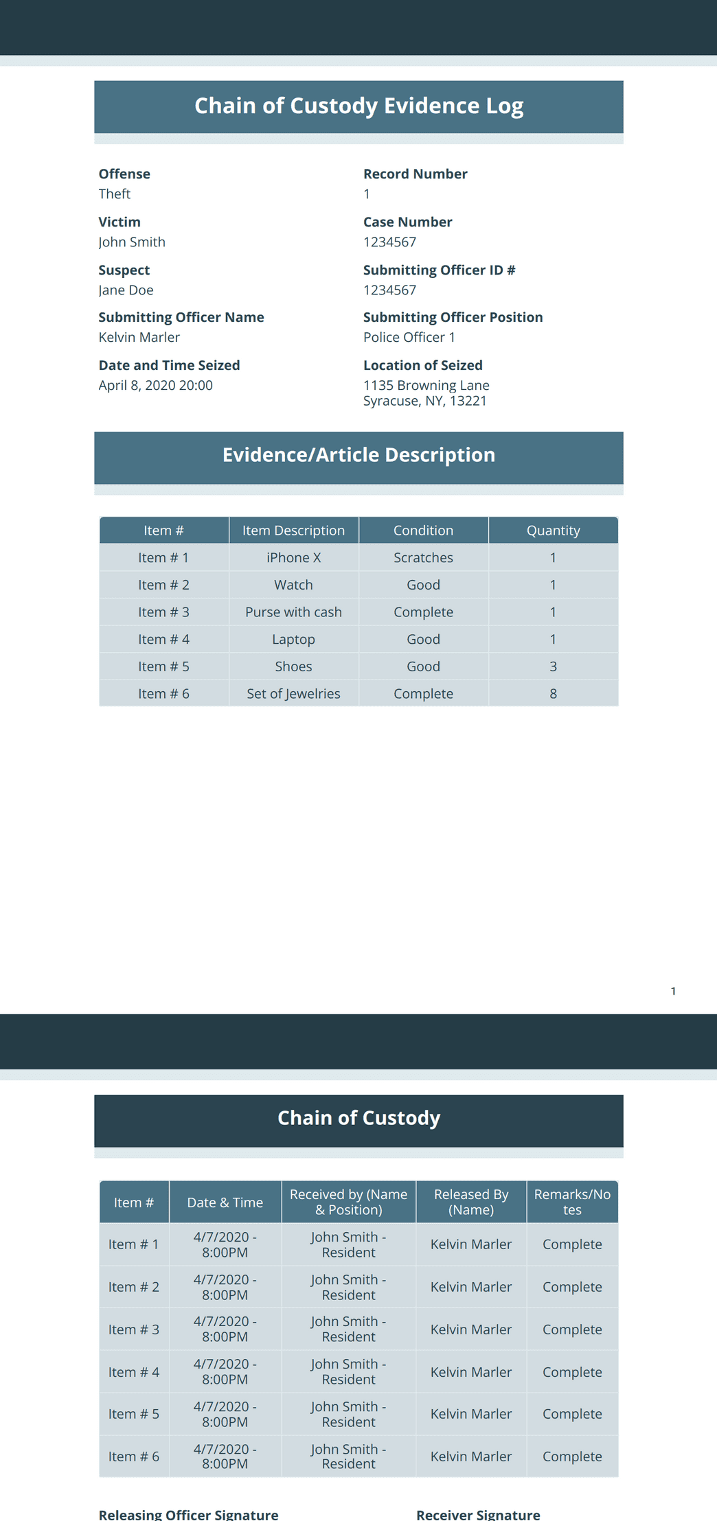 Police Evidence Log Pdf