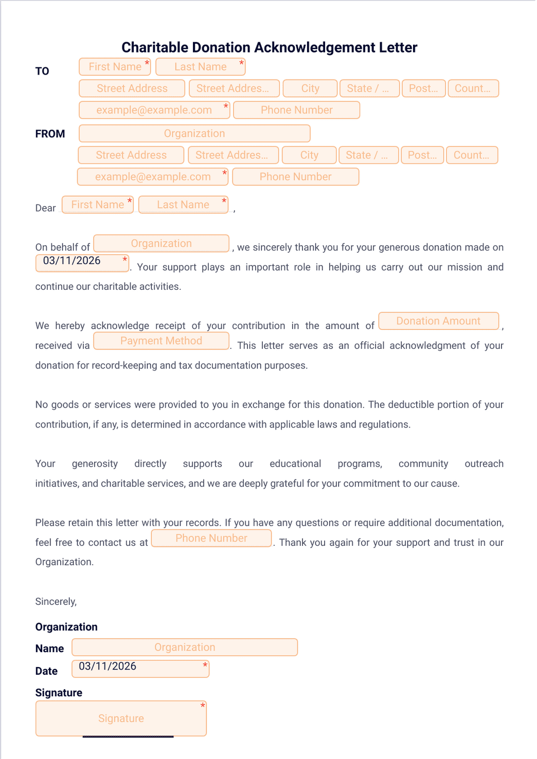 Charitable Donation Acknowledgement Letter Template - PDF Templates ...