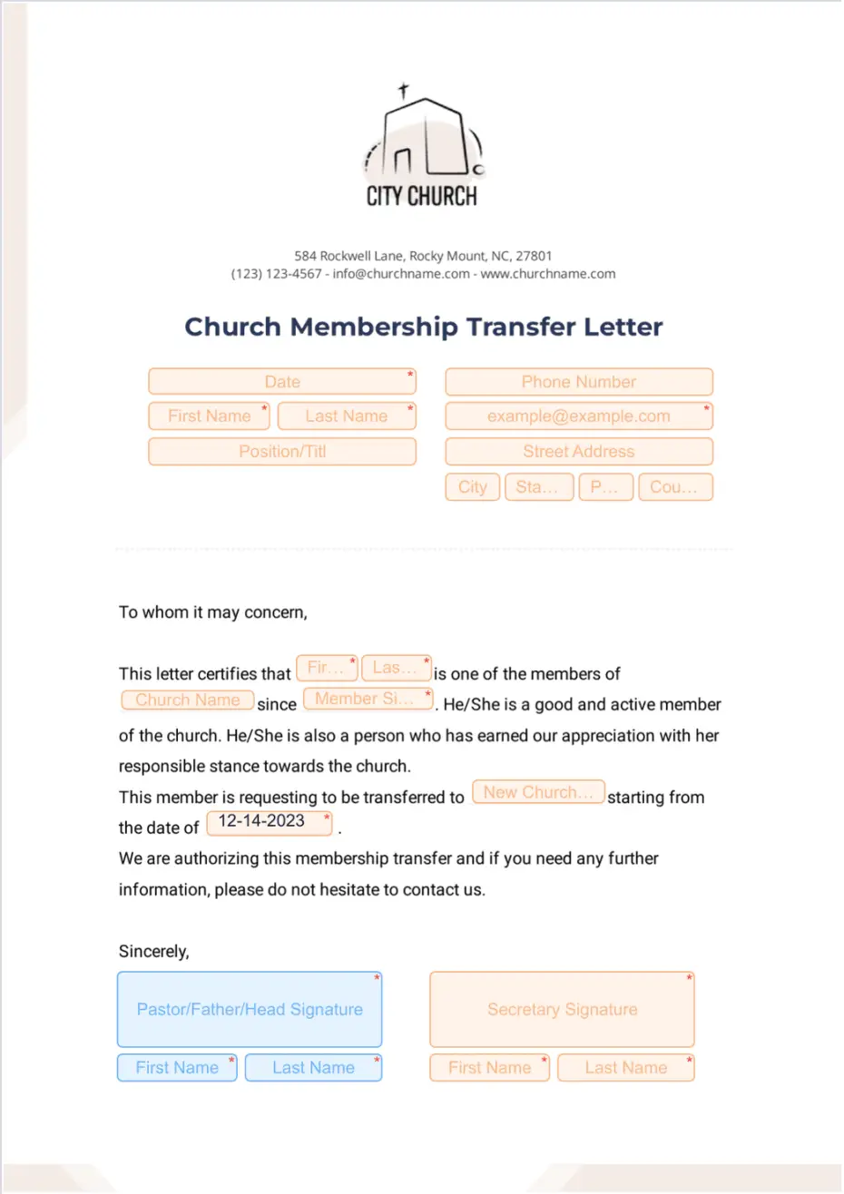 Church Membership Transfer Letter - Sign Templates | Jotform