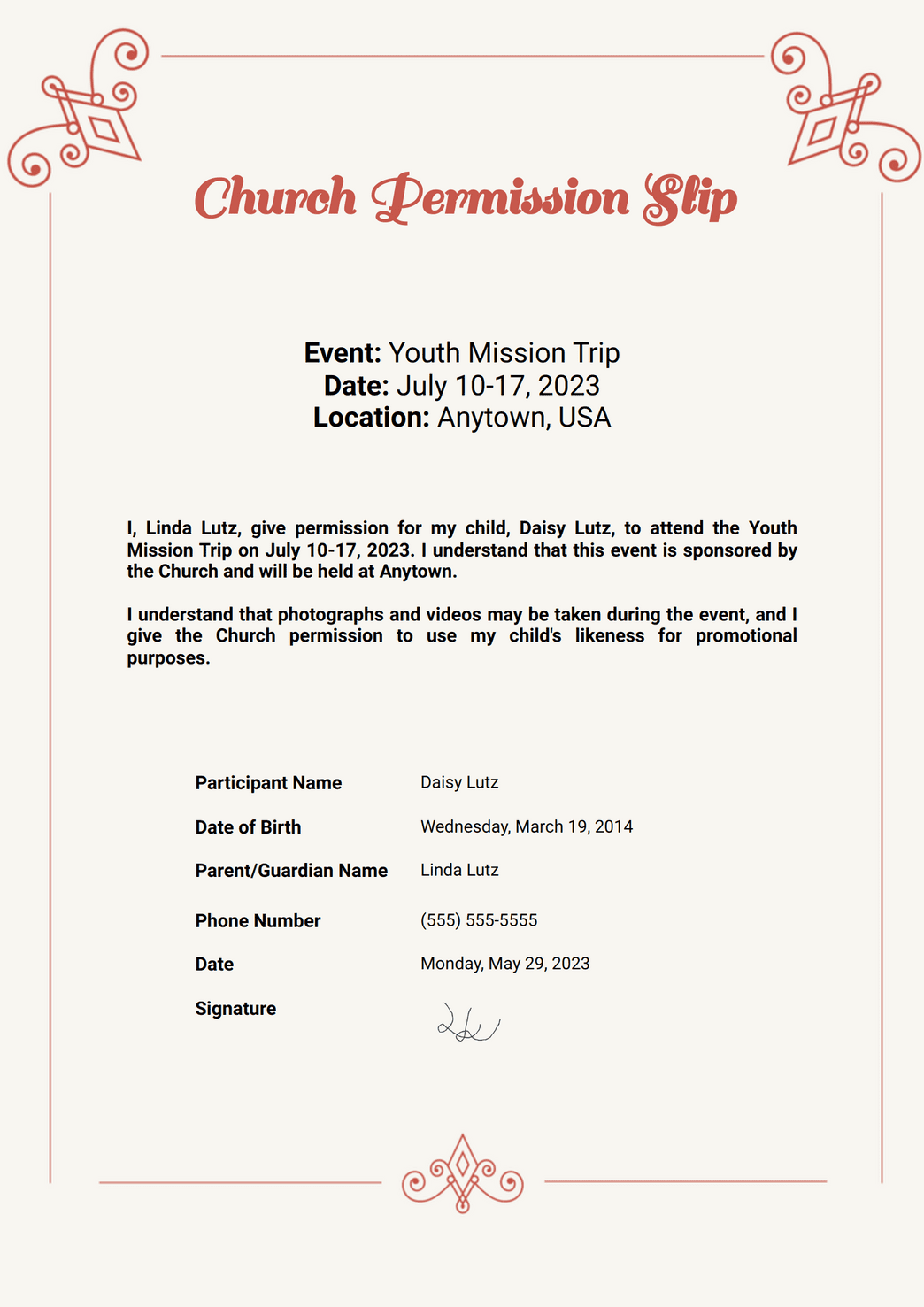 Church Permission Slip Template - PDF Templates | Jotform