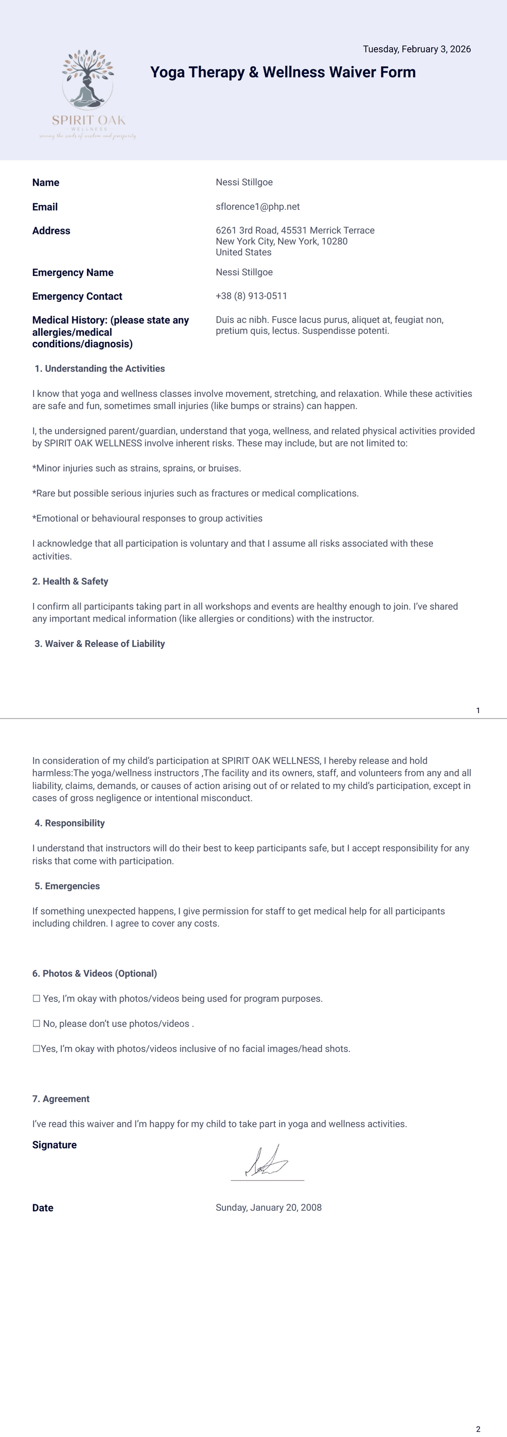 Client Yoga and Wellness Waiver Form PDF Template | Jotform
