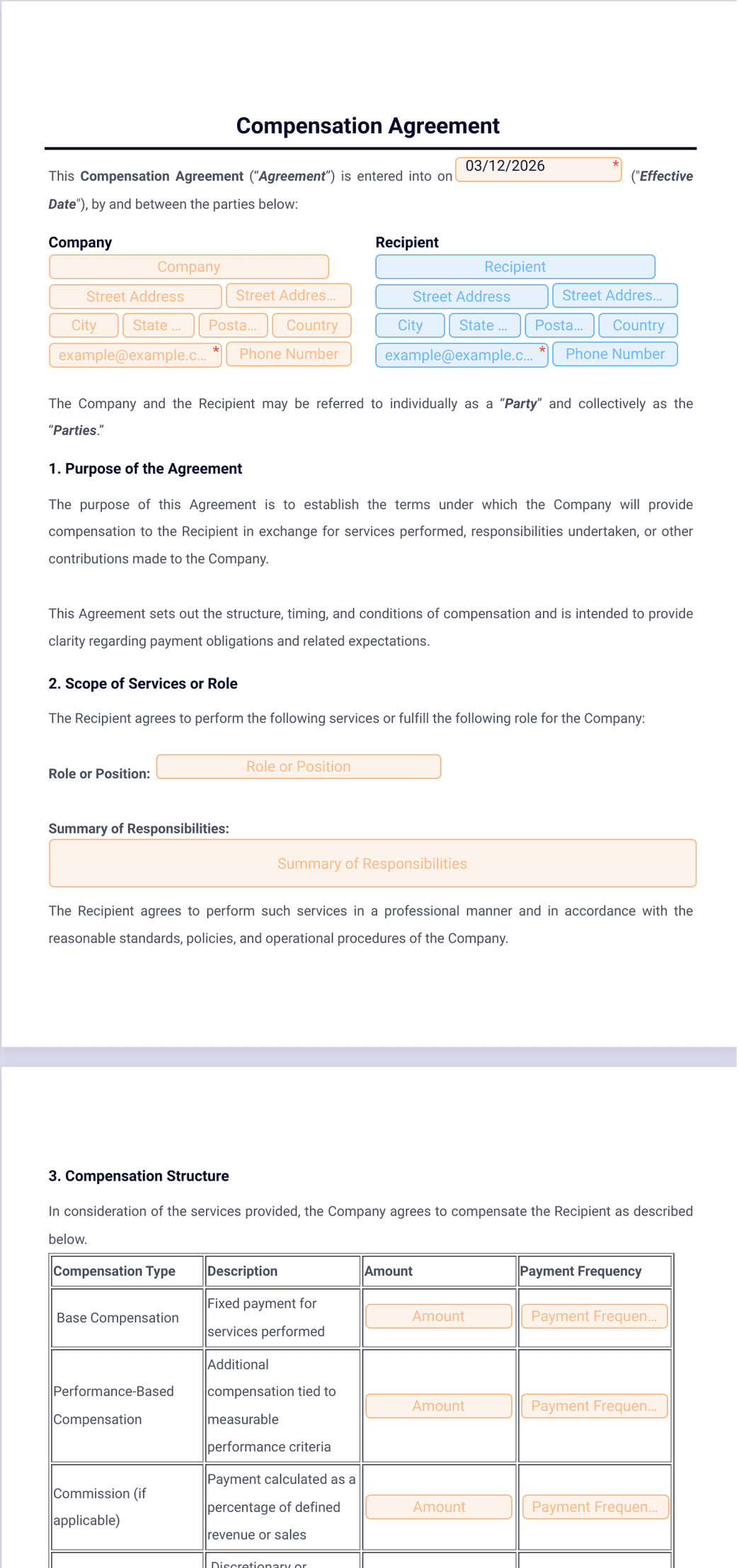 Compensation Agreement Template - PDF Templates | Jotform
