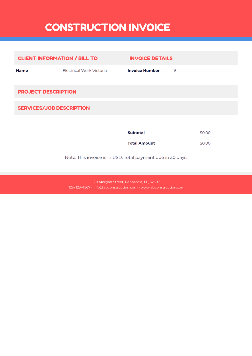 Construction Invoice Template - PDF Templates | Jotform