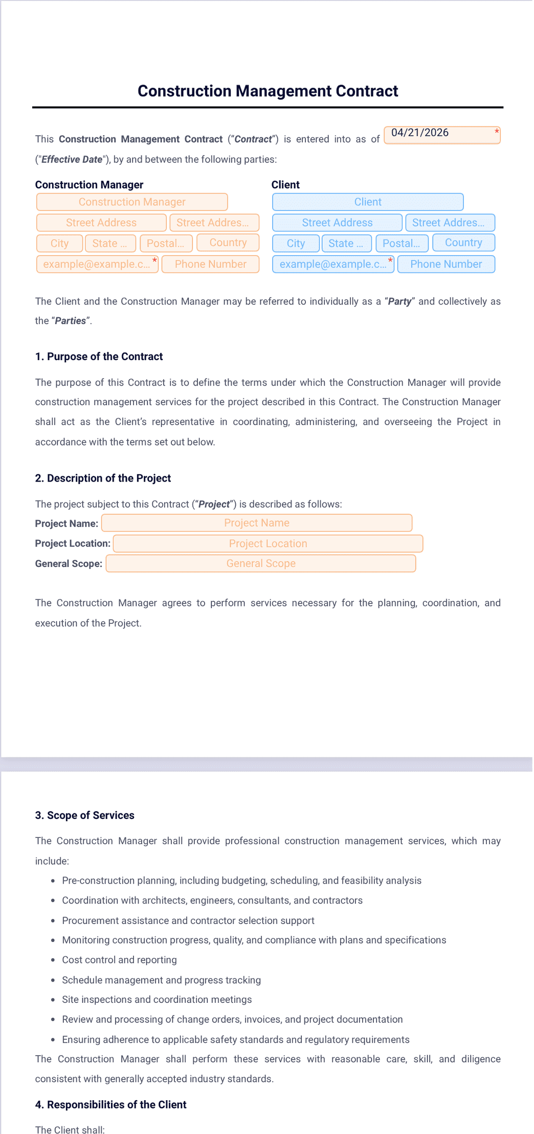 Construction Management Contract Template - PDF Templates | Jotform