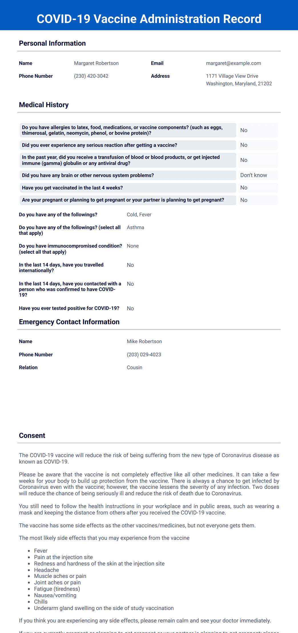 COVID-19 Vaccine Administration Record PDF Template | Jotform
