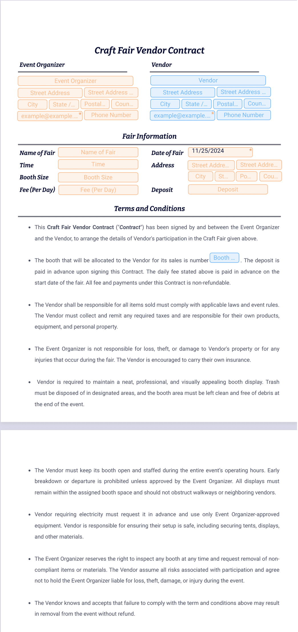 Craft Fair Vendor Contract Template - PDF Templates | Jotform