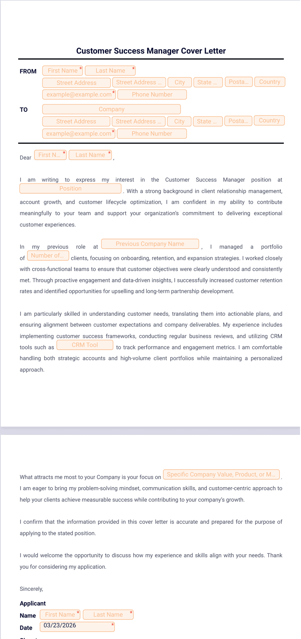 Customer Success Manager Cover Letter PDF Template | Jotform