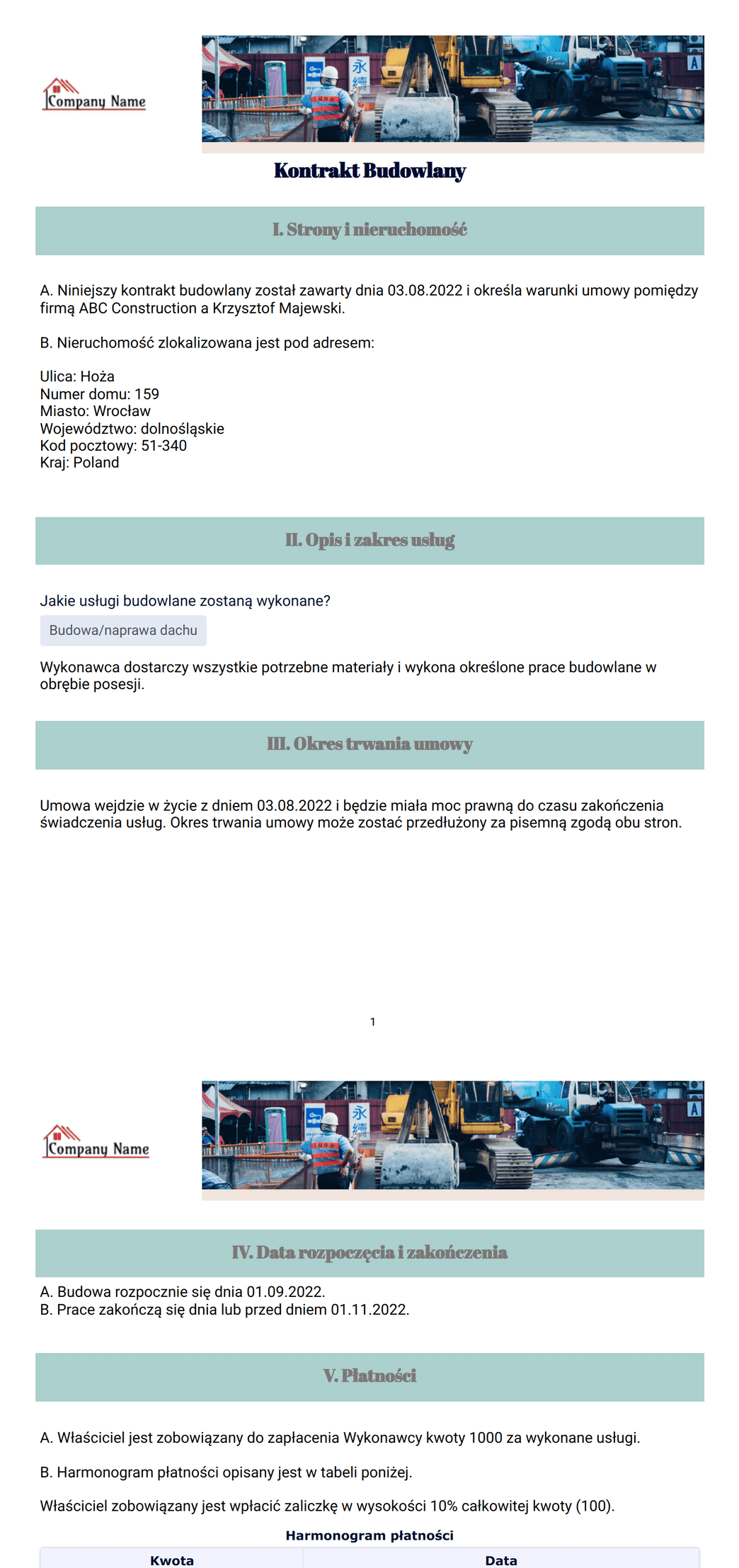 Darmowy Szablon Kontraktu Budowlanego - Szablony PDF | Jotform