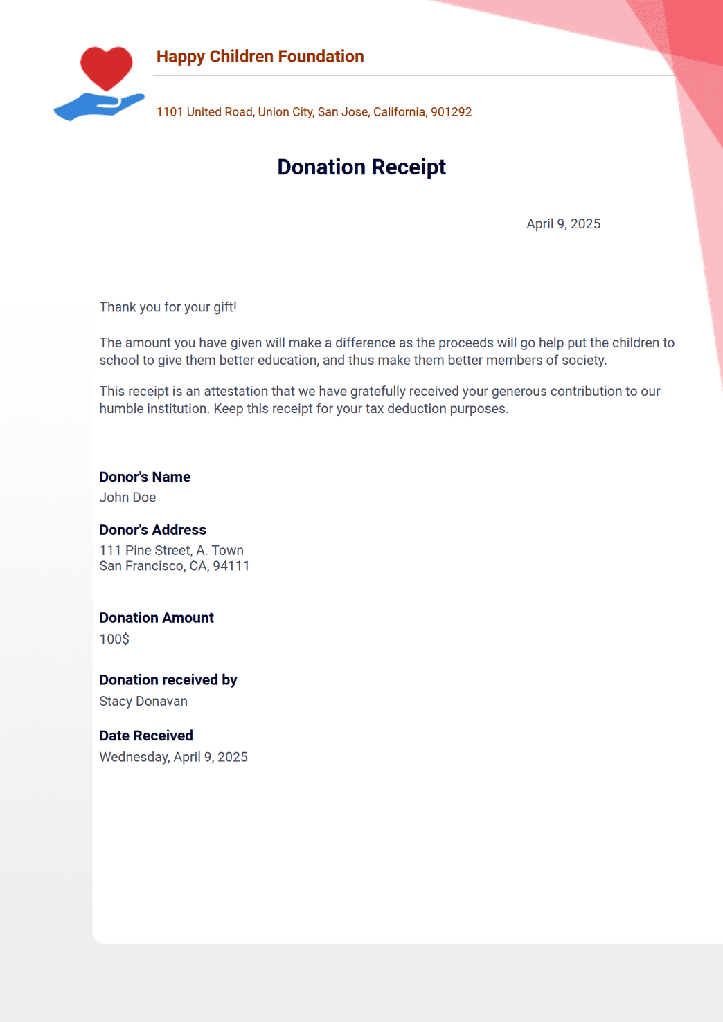 Donation Receipt Template - PDF Templates | Jotform
