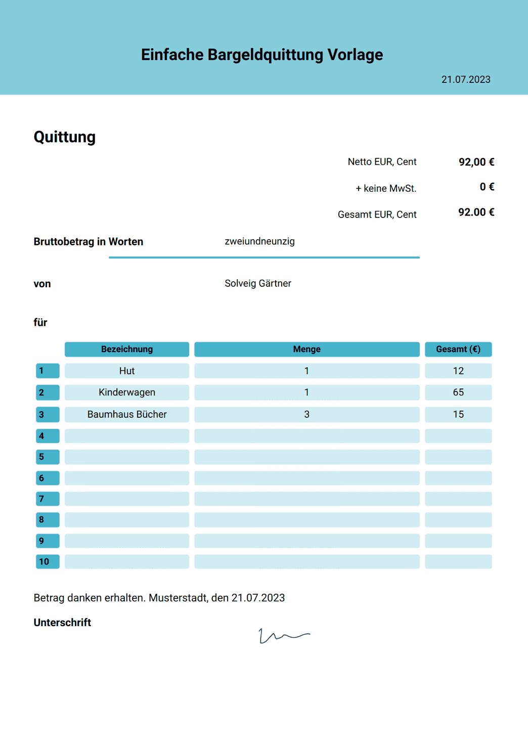 Einfache Bargeldquittung Vorlage - PDF-Vorlagen | Jotform