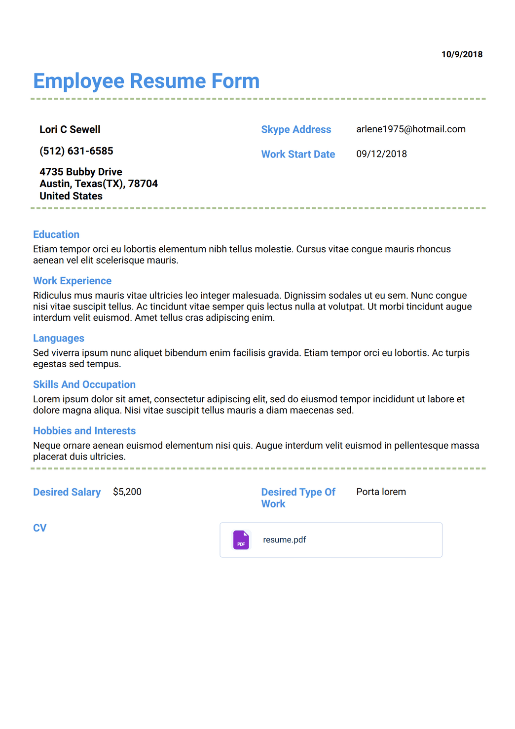 Employee Resume Template - PDF Templates | Jotform