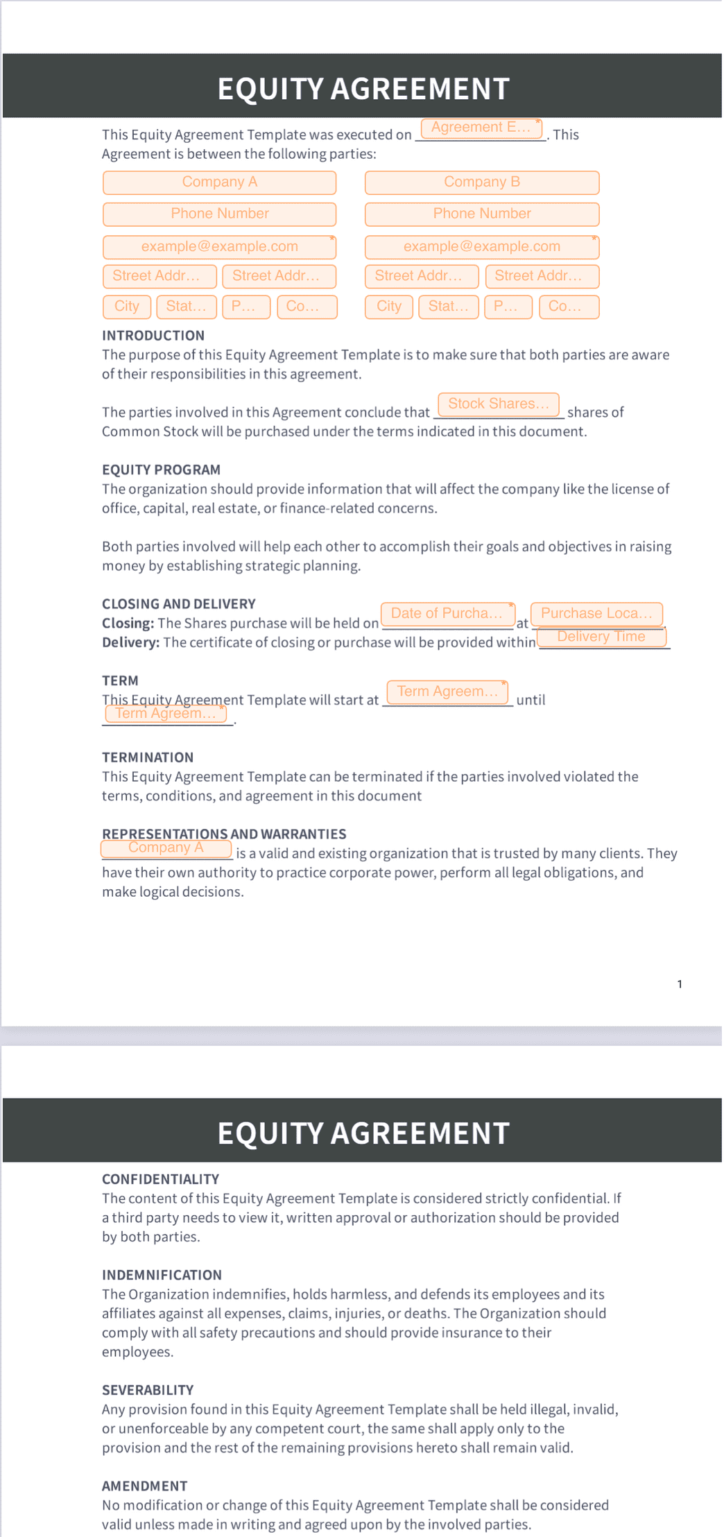 Equity Agreement Template - PDF Templates | Jotform