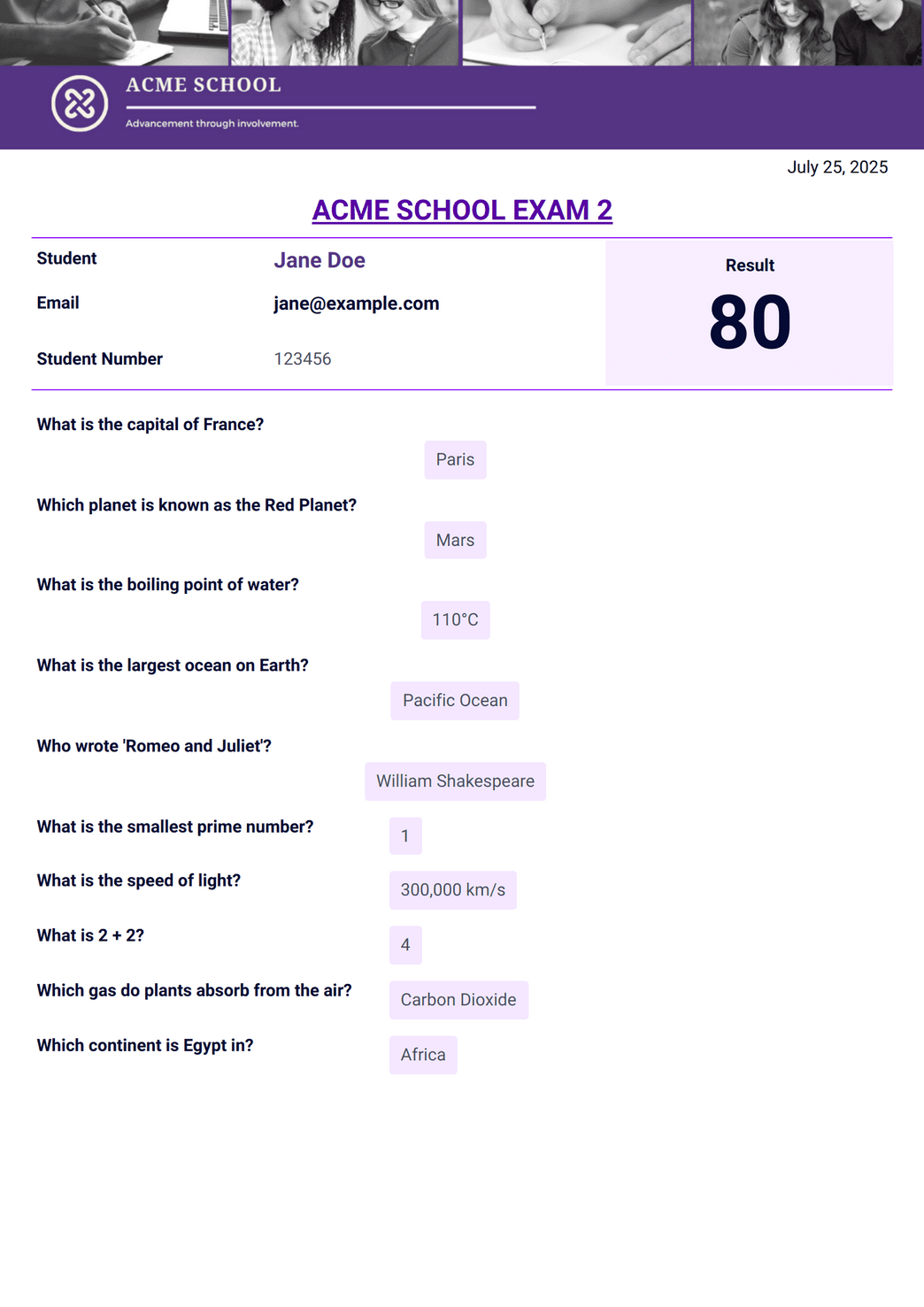 Exam Result Template - PDF Templates | Jotform
