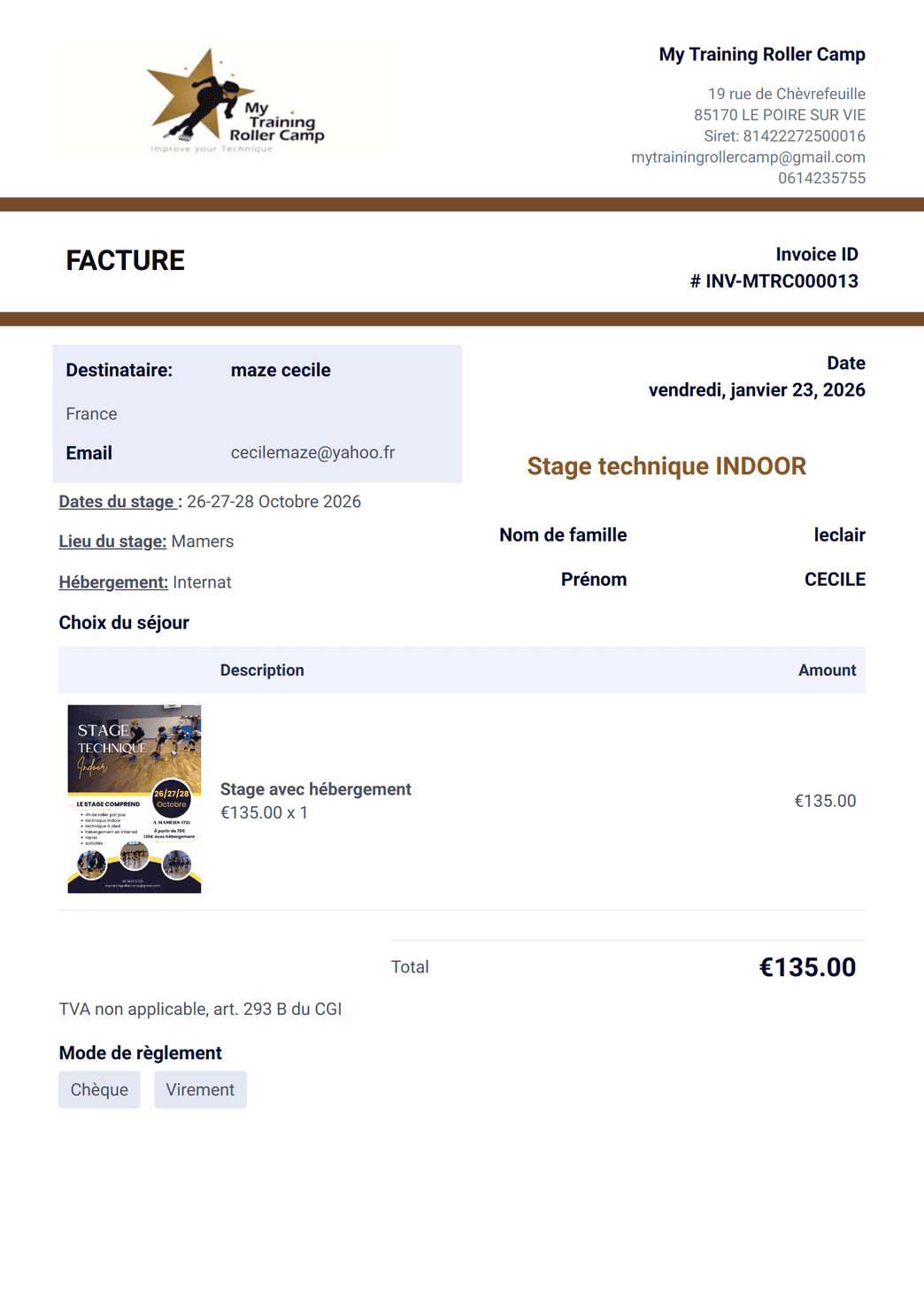 Facture Stage Techn Indoor - Modèles de PDF | Jotform