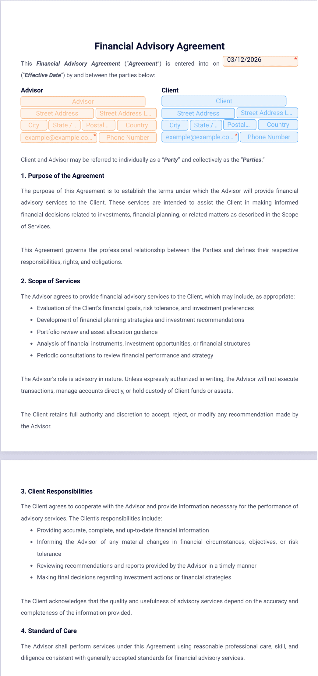 Financial Advisory Agreement Template - PDF Templates | Jotform