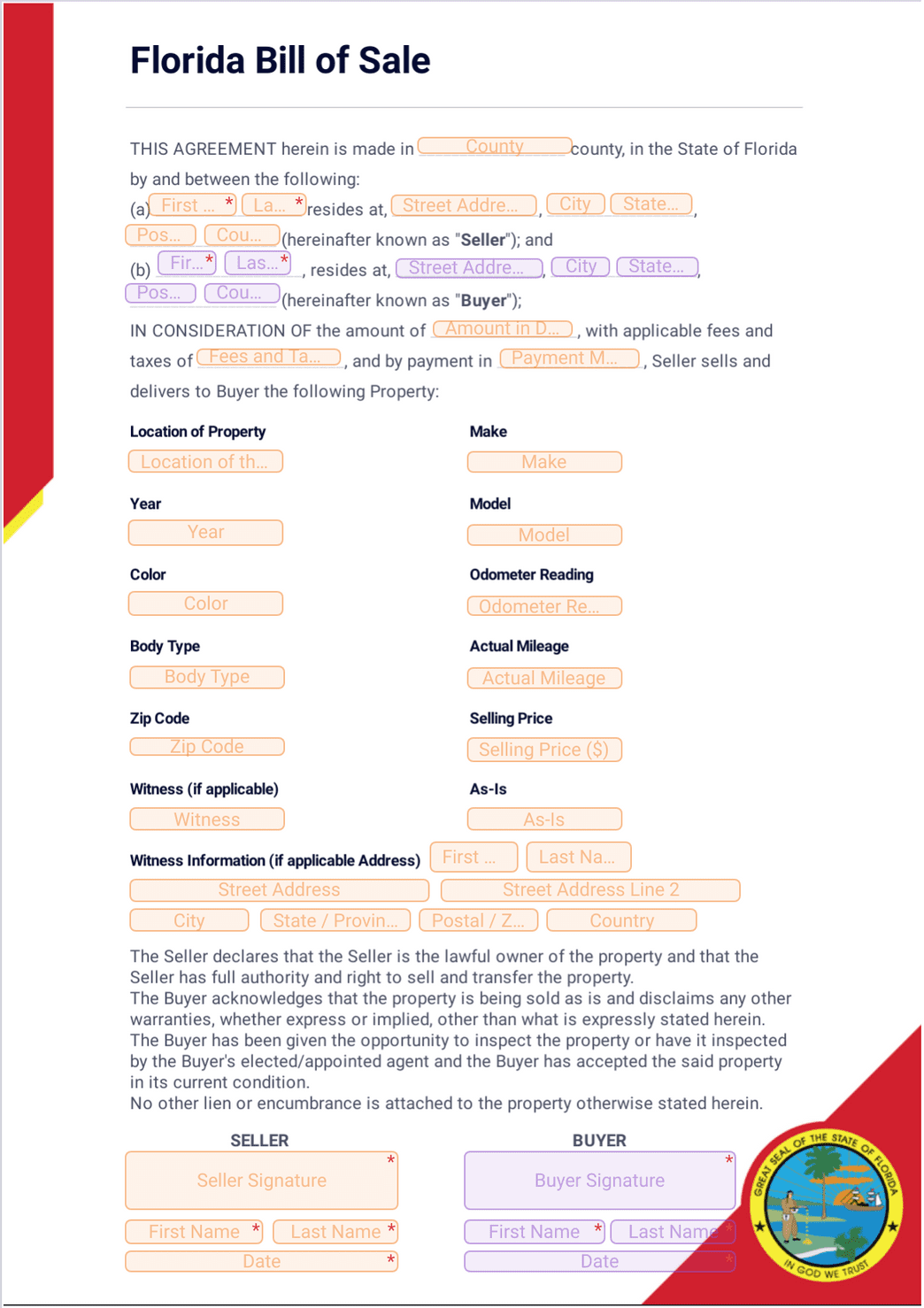 Florida Bill of Sale PDF Template | Jotform