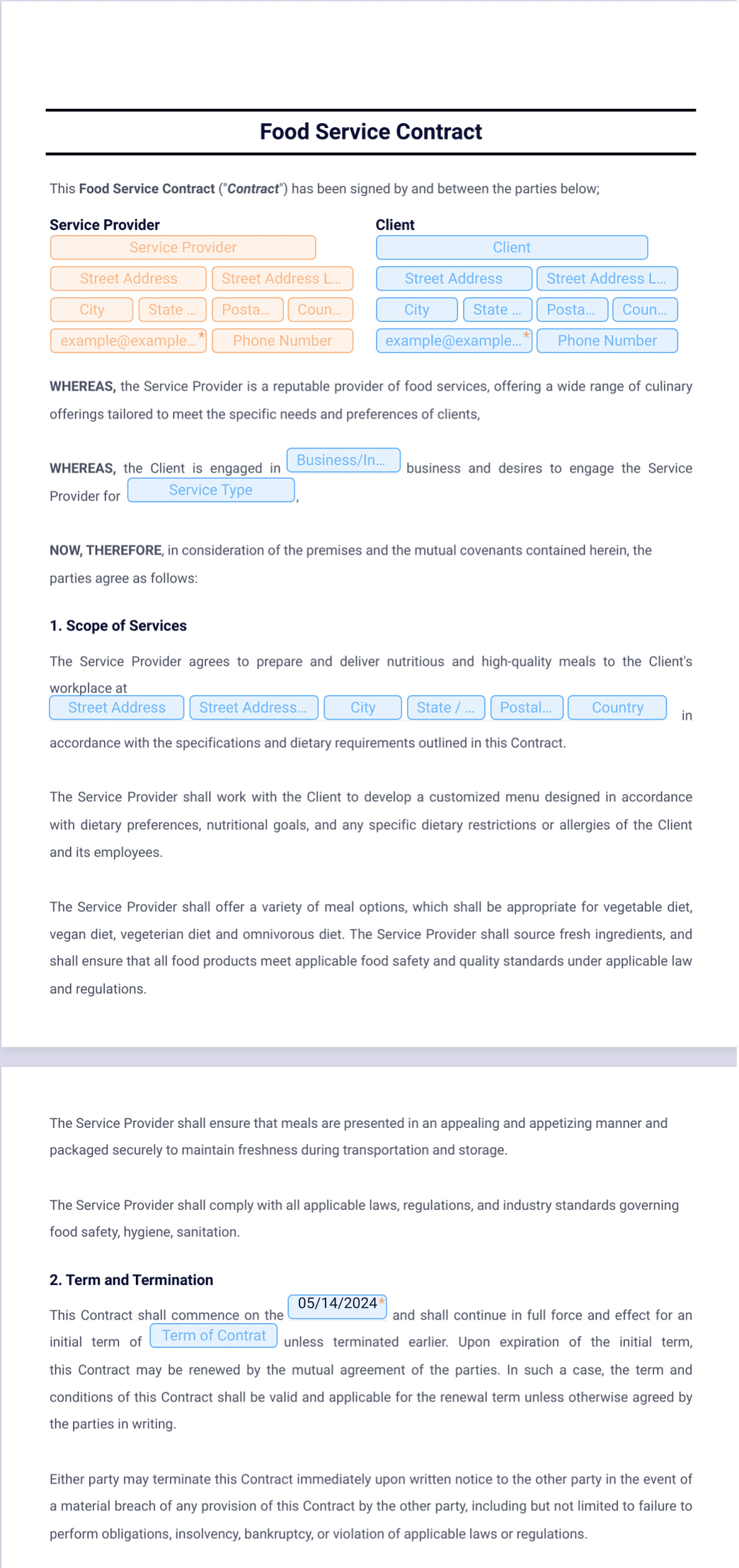 Food Service Contract PDF Template | Jotform
