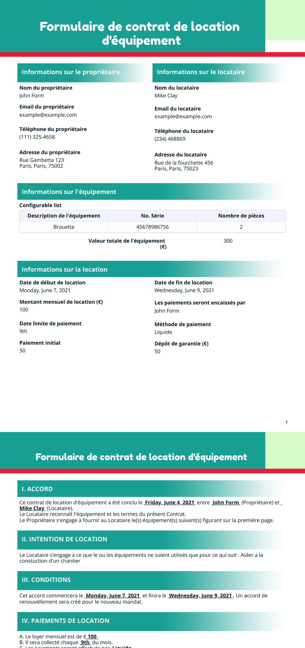 Formulaire de contrat de location d'équipement - Modèles de PDF | Jotform