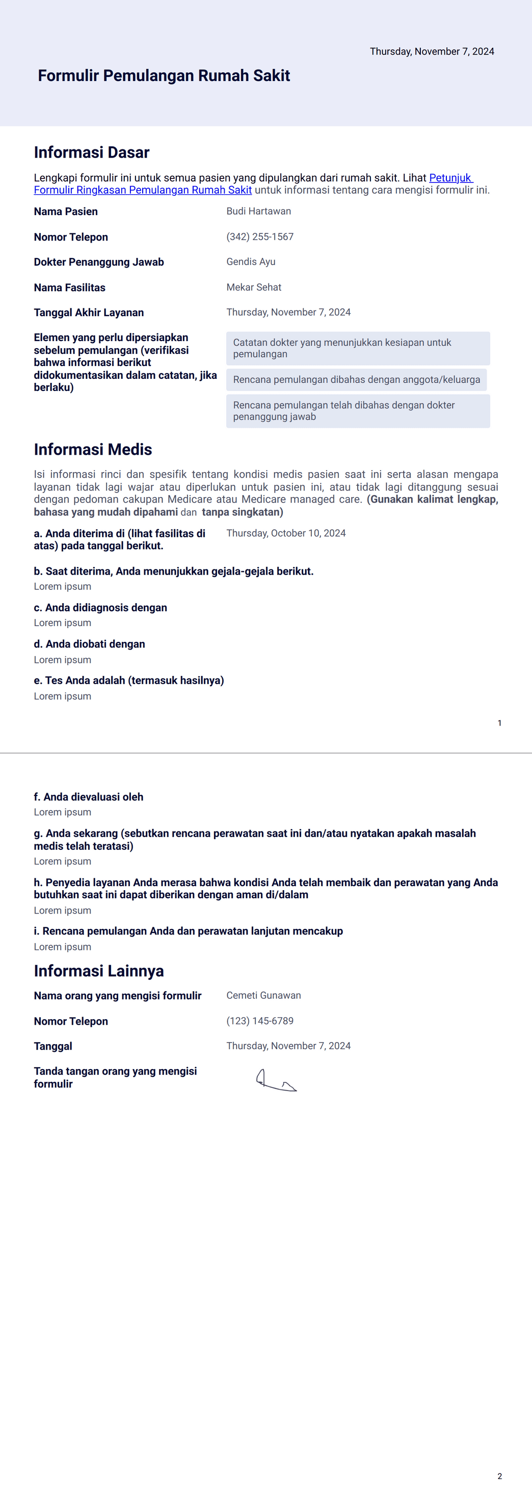 Formulir Pemulangan Rumah Sakit - Templat PDF | Jotform