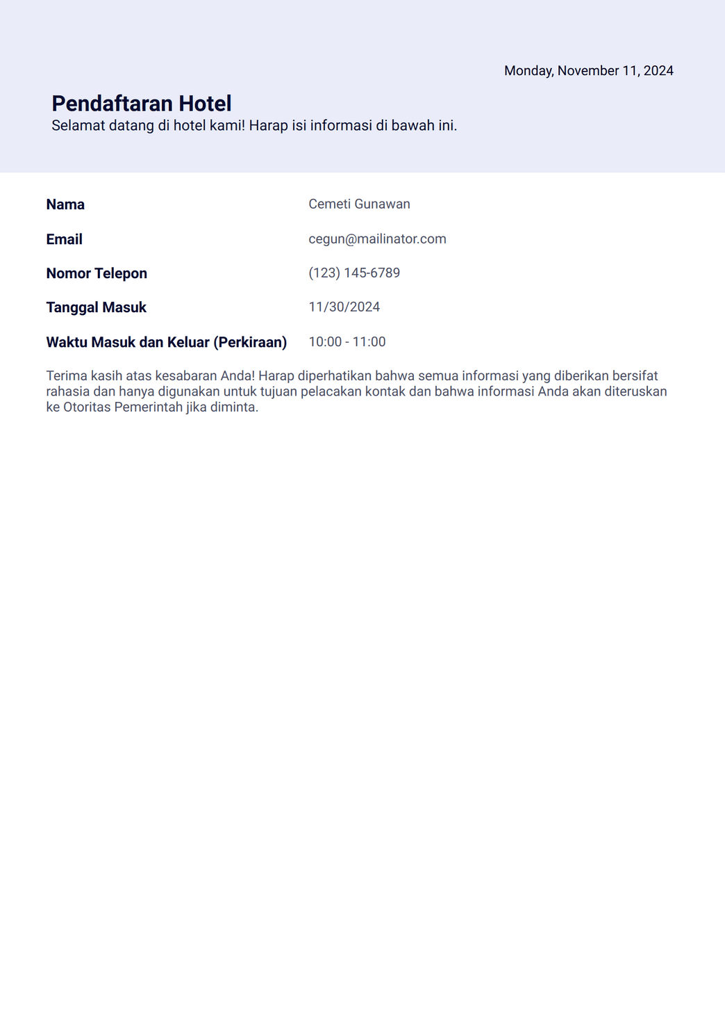 Formulir Pendaftaran Hotel - Templat PDF | Jotform