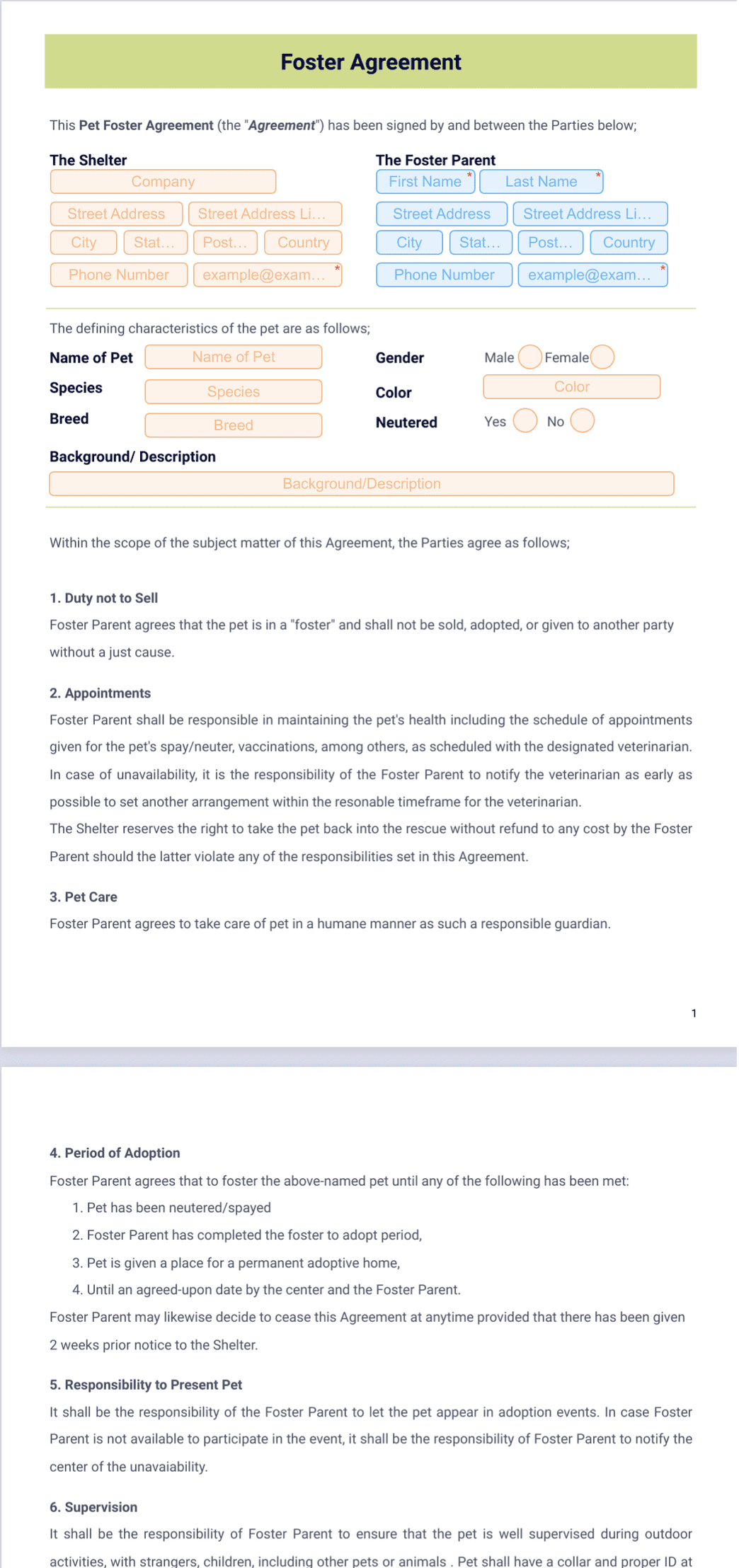 Foster Agreement PDF Template | Jotform