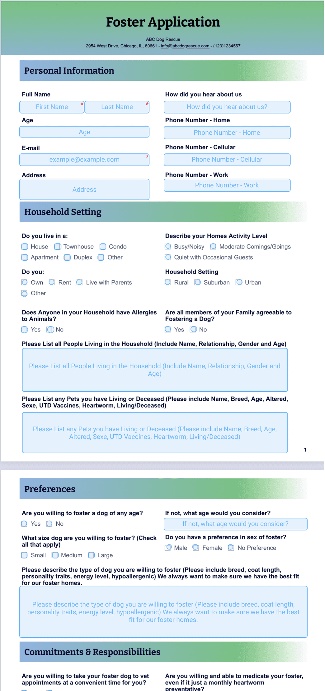 Foster Application Template - PDF Templates | Jotform