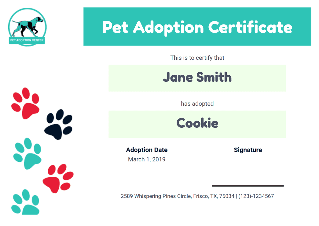 Free Pet Adoption Certificate Template - PDF Templates | Jotform