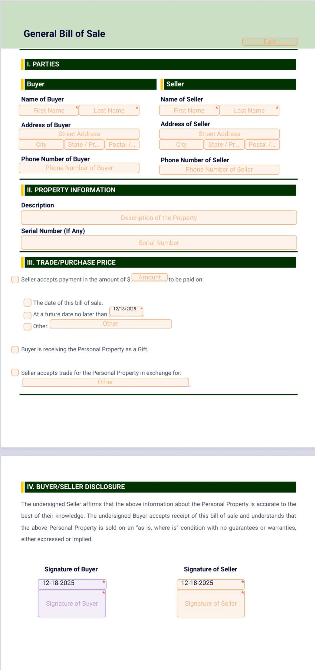 General Bill of Sale Template - PDF Templates | Jotform