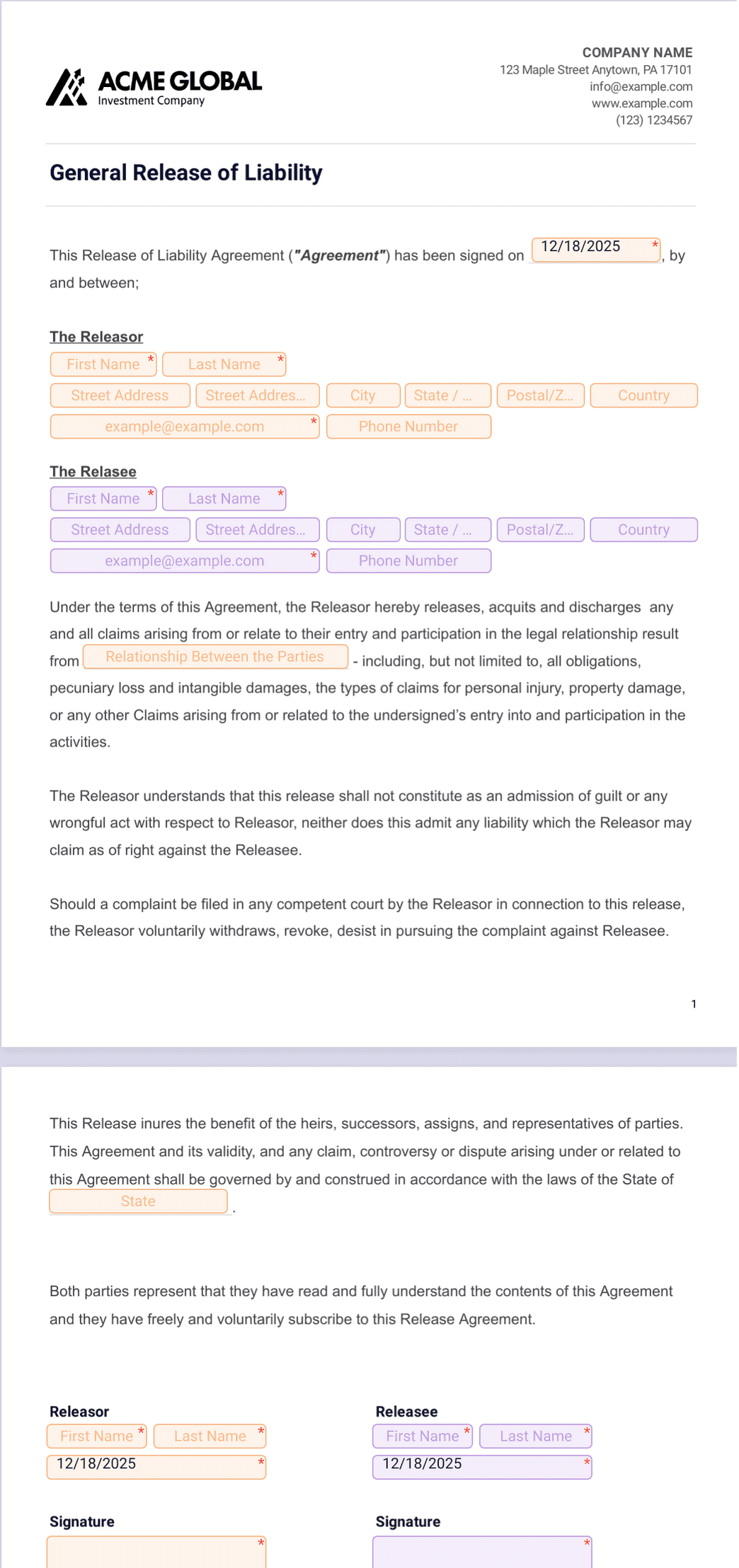 General Release of Liability Form PDF Template | Jotform