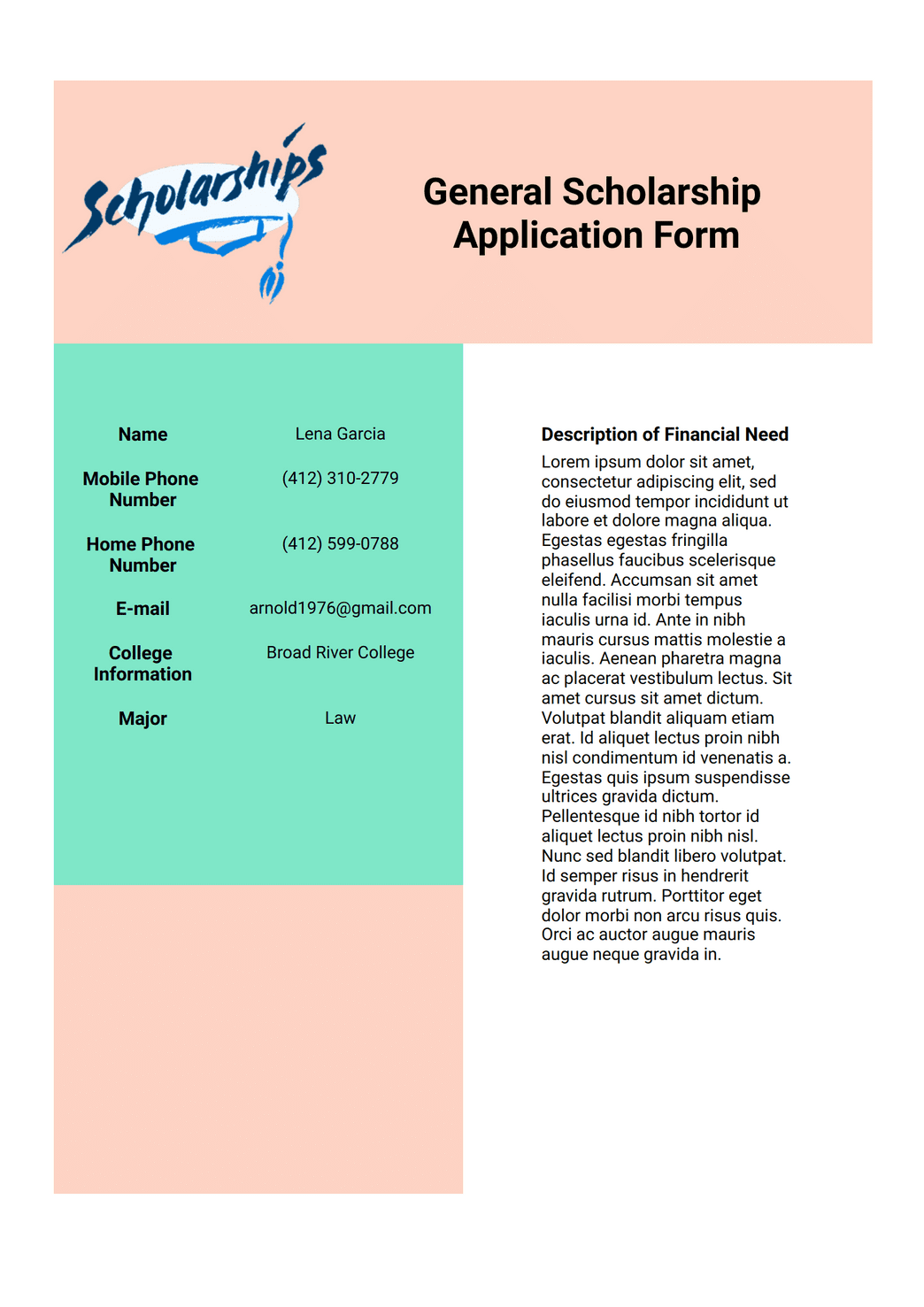 General Scholarship Application Template - PDF Templates | Jotform