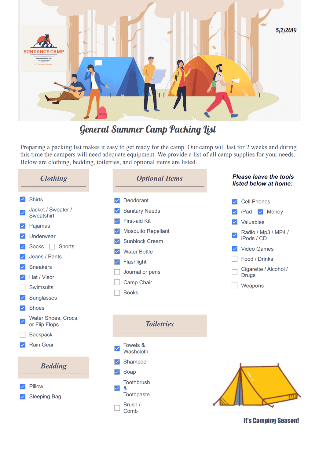 General Summer Camp Packing List Template - PDF Templates | Jotform
