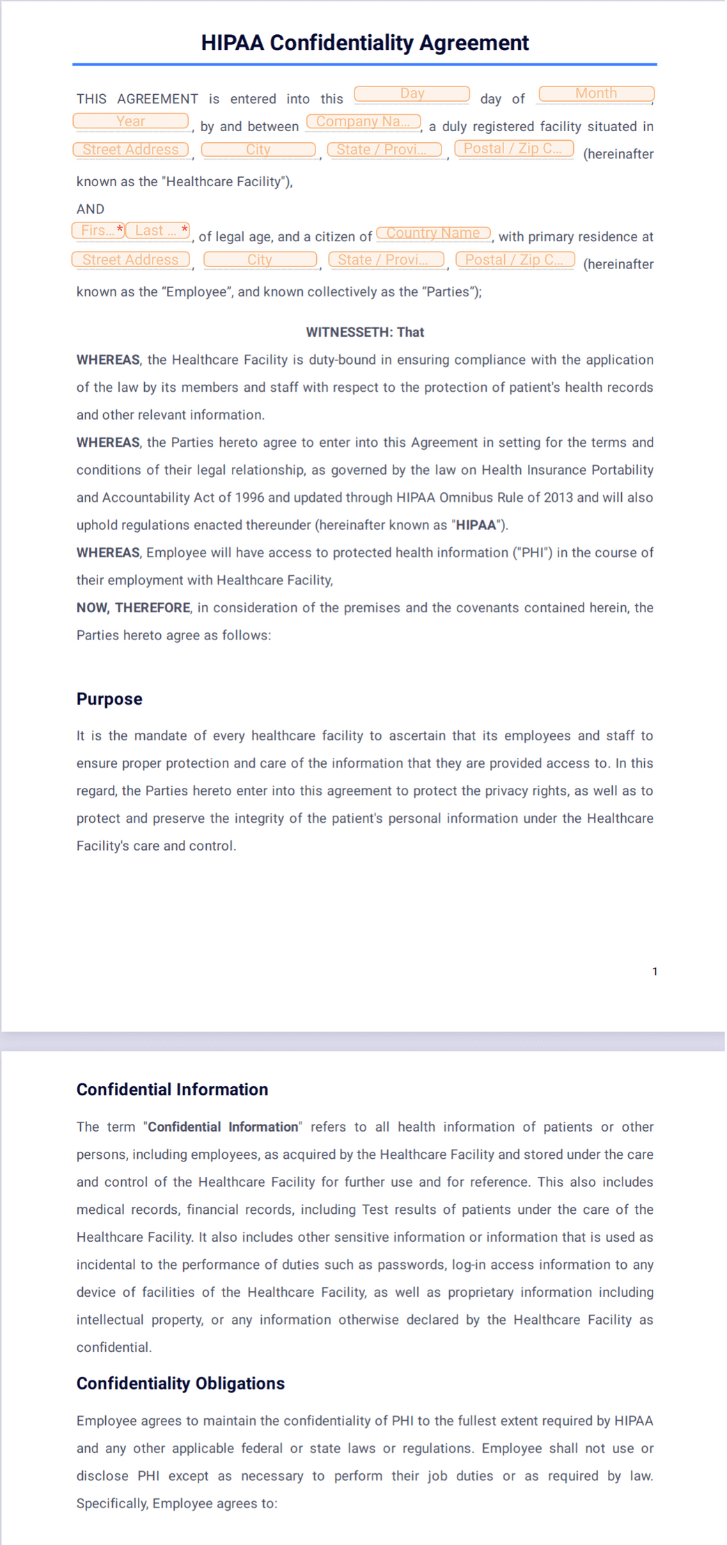 HIPAA Confidentiality Agreement PDF Template | Jotform