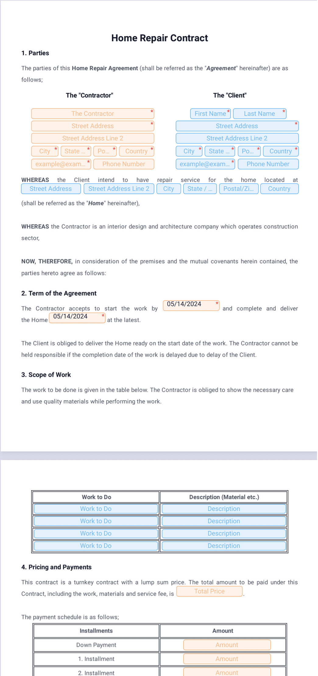 Home Repair Contract PDF Template | Jotform