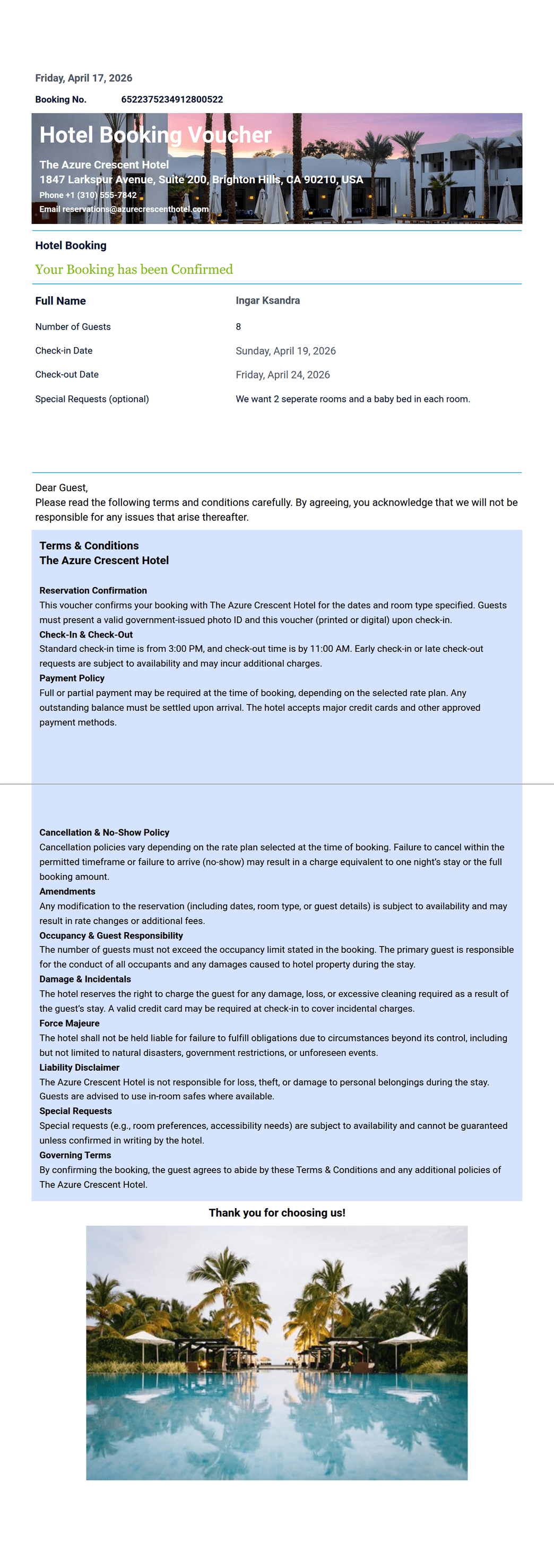 Hotel Booking Voucher PDF Template | Jotform