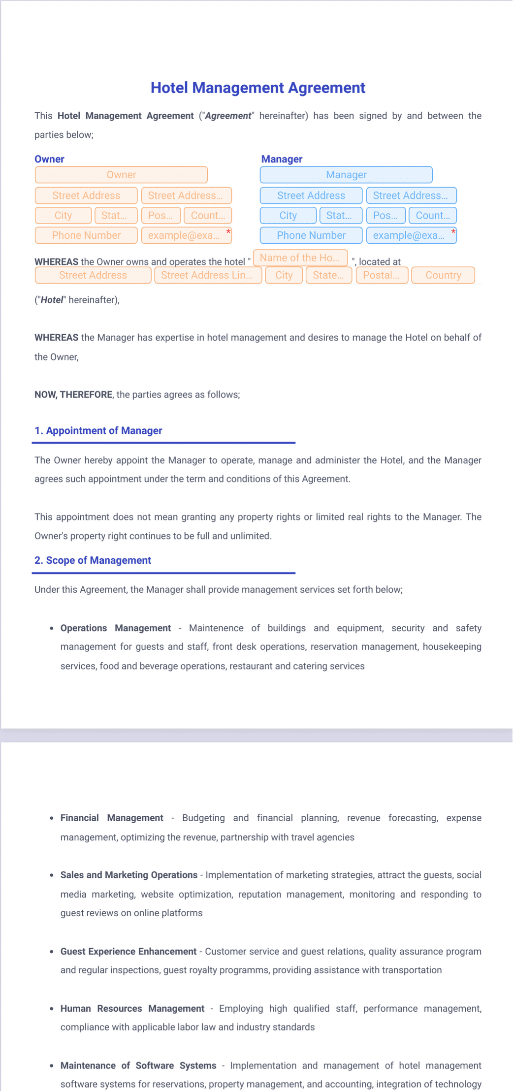 Hotel Management Agreement PDF Template | Jotform