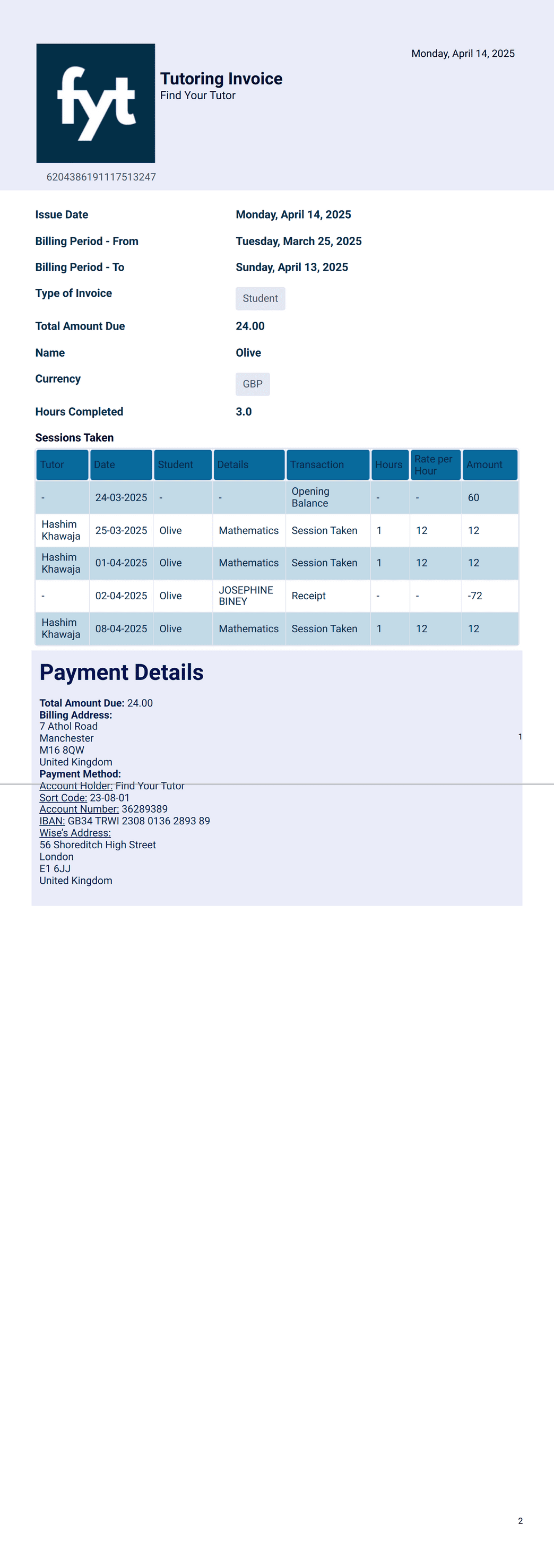 Invoice - Tutoring PDF Template | Jotform