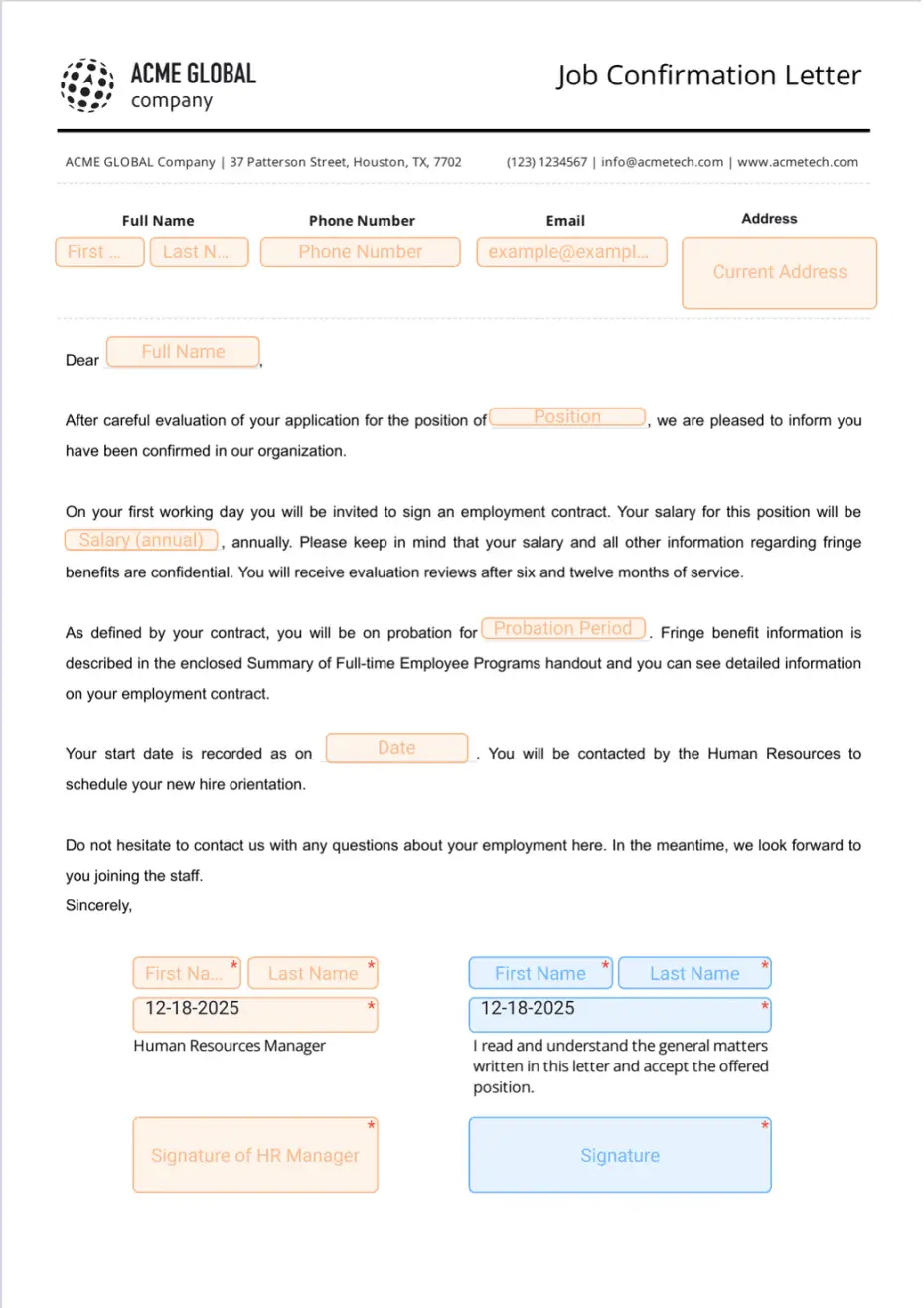 Job Confirmation Letter - Sign Templates | Jotform