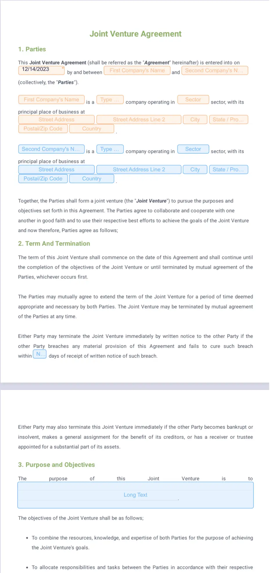 Joint Venture Agreement Template - Sign Templates | Jotform