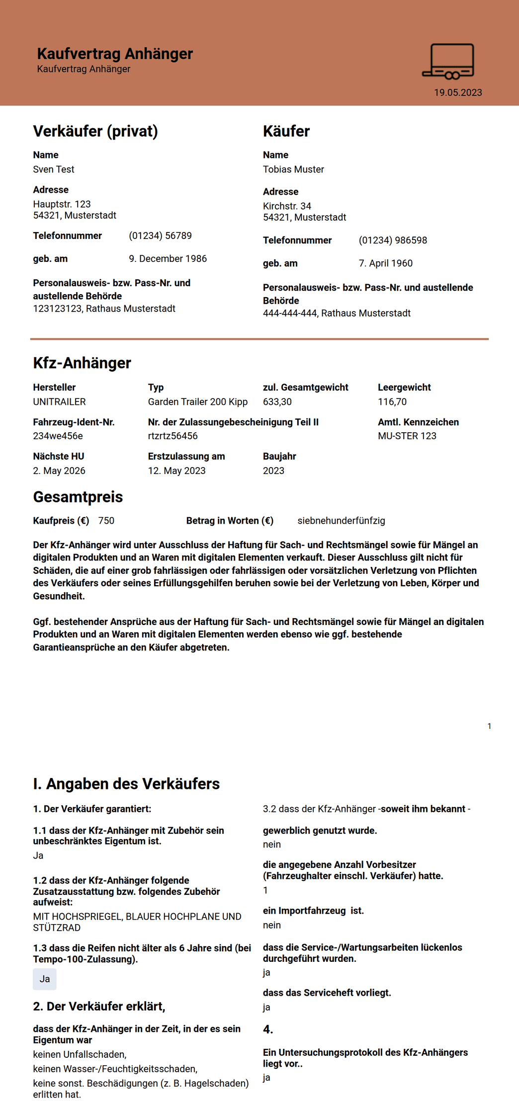 Kaufvertrag ãƒåber Einen Gebrauchten Anhãƒânger