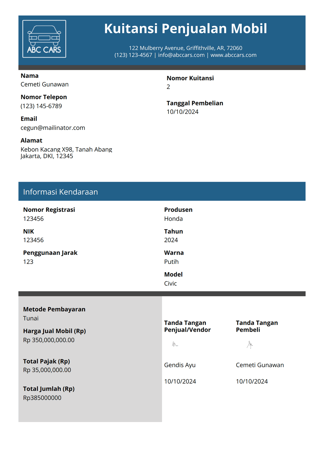Kuitansi Penjualan Mobil - Templat PDF | Jotform