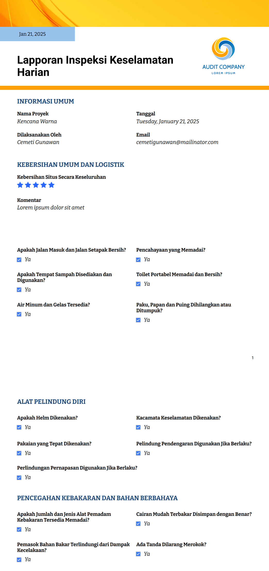 Laporan Inspeksi Keselamatan Harian - Templat PDF | Jotform