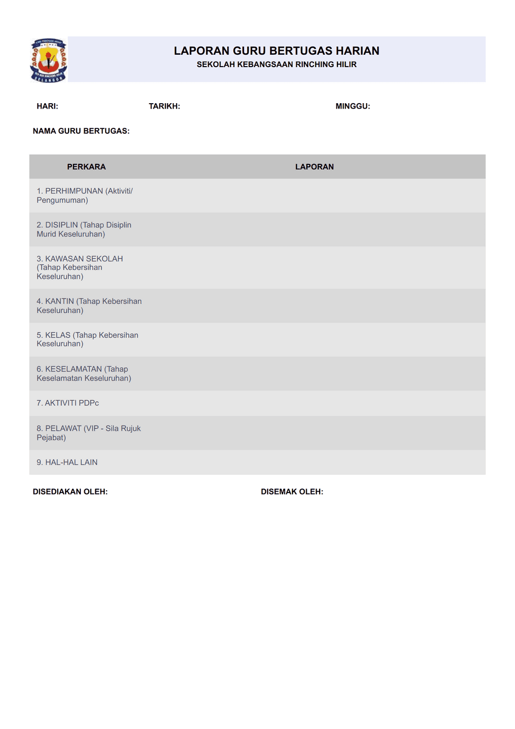 Laporan Mingguan Sekolah - قوالب PDF | Jotform