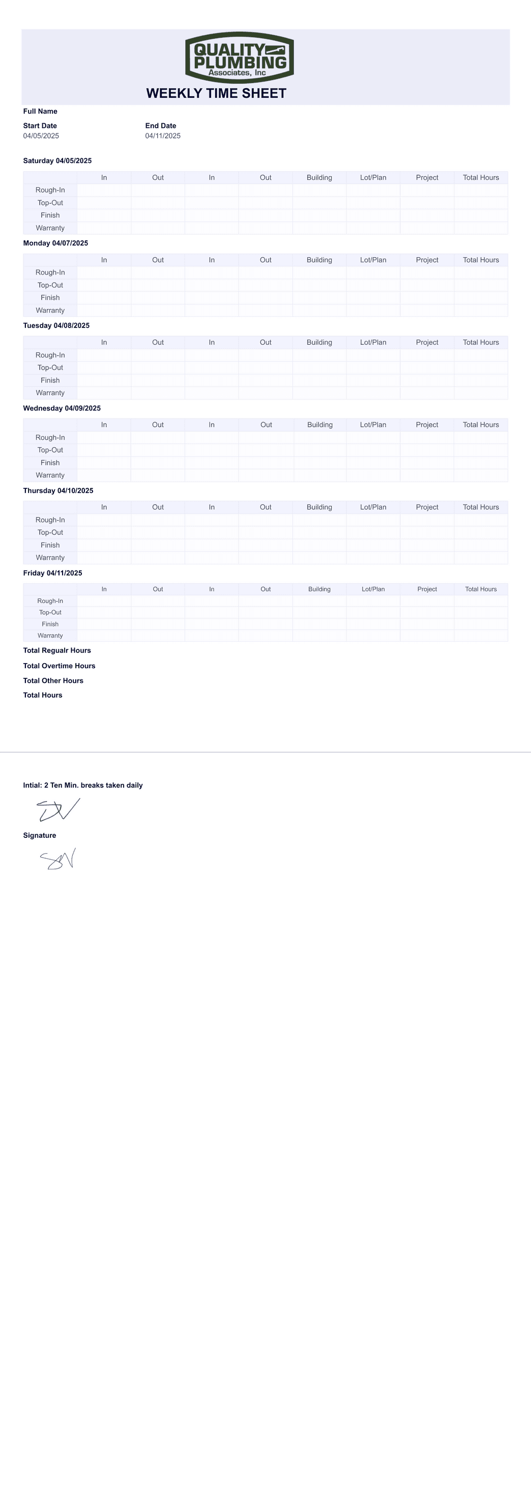 Late Weekly timesheet PDF Template | Jotform