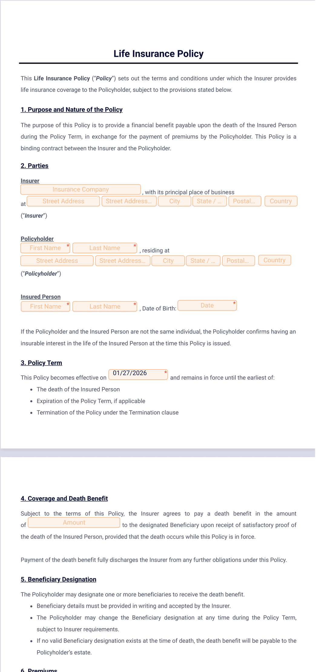 Life Insurance Policy Template - PDF Templates | Jotform